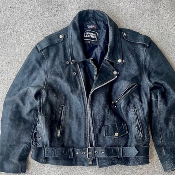 First Leather | Jackets & Coats | Vintage Black Belted Motorcycle ...